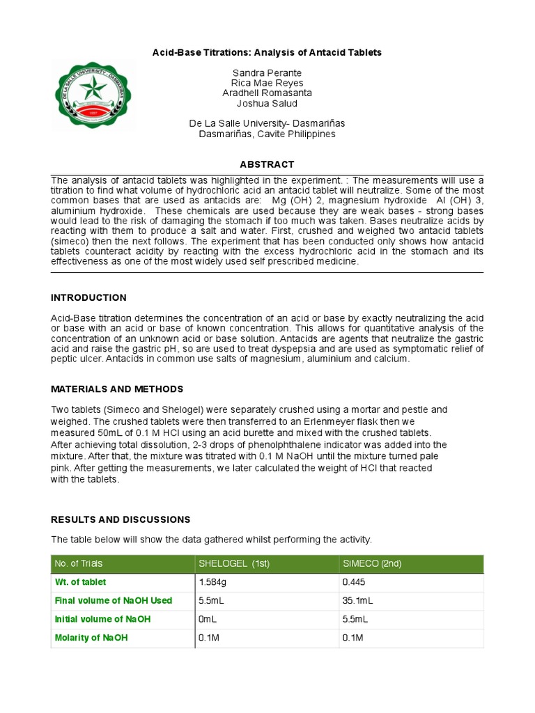Acid-Base Titrations: Analysis of Antacid Tablets | PDF | Titration ...
