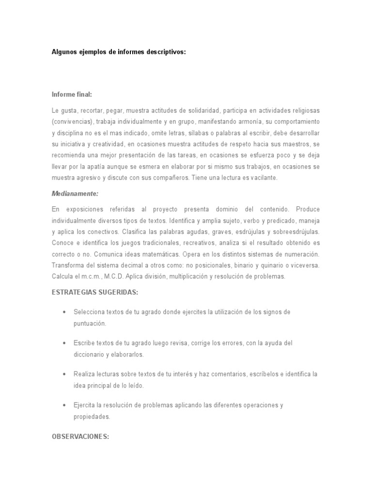 Algunos Ejemplos de Informes Descriptivos | PDF | Jardín de infancia ...