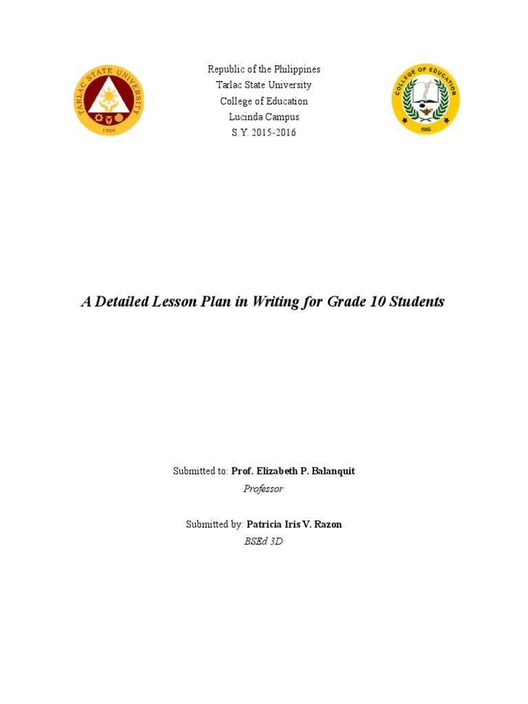 A Detailed Lesson Plan in Writing For Grade 10 | PDF | Definition ...