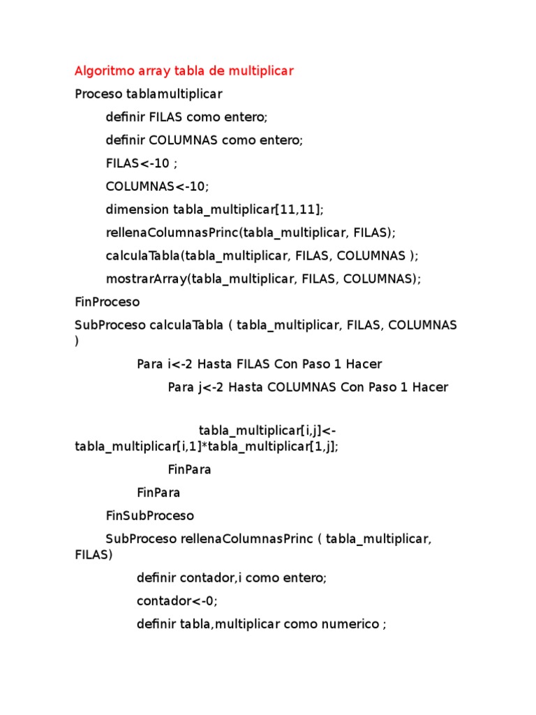 Algoritmo Array Tabla de Multiplicar | PDF