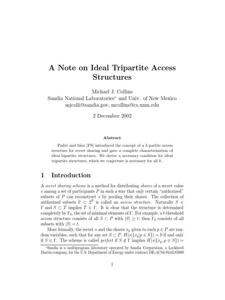 A Note On Ideal Tripartite Access Structures | PDF | Theorem | Permutation