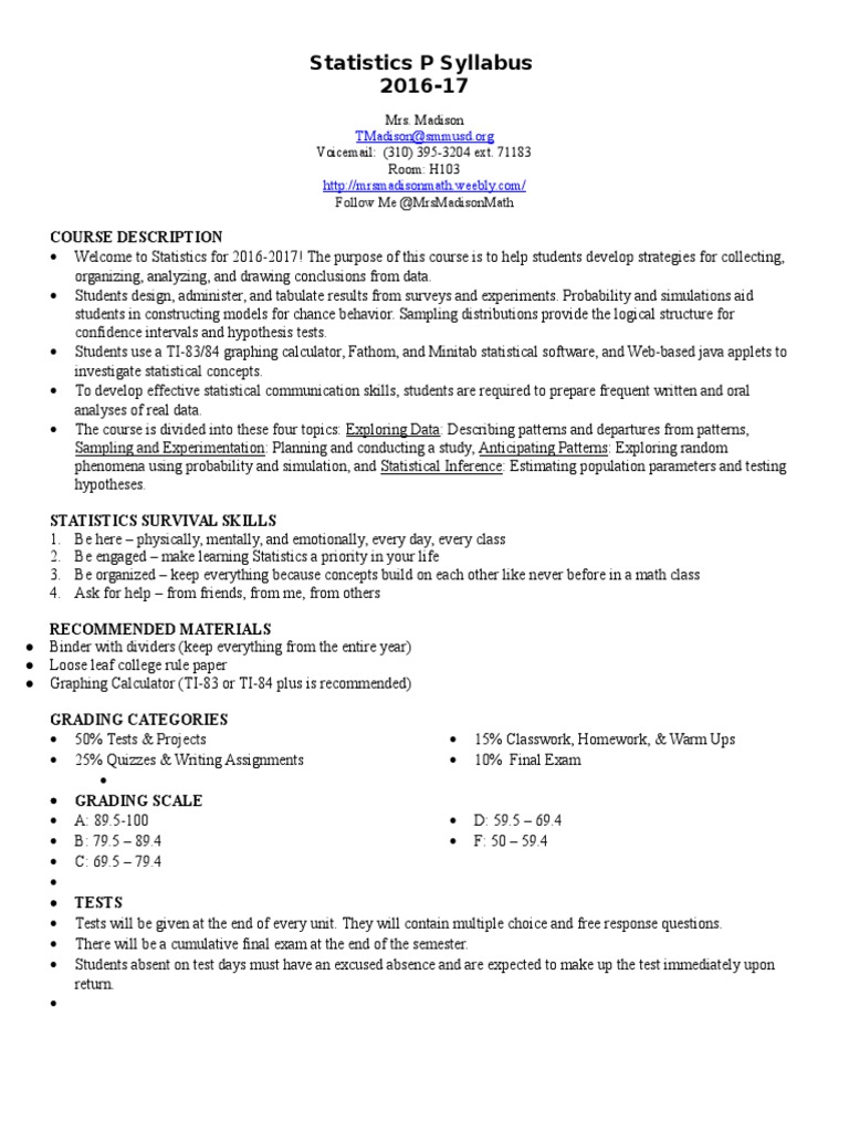 16-17 Statistics Syllabus Madison | PDF | Homework | Statistics