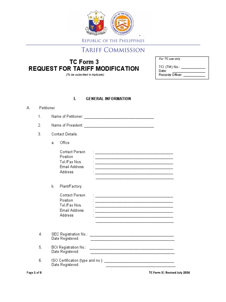 TC Form 3 Request For Tariff Modification | PDF