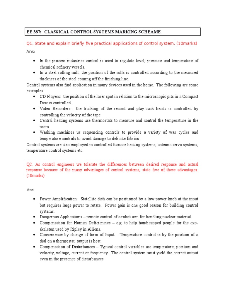 Classical Control Systems Marking Scheme | PDF