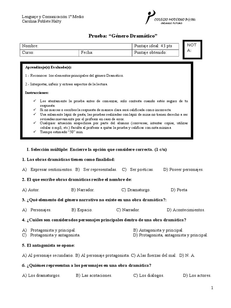 Prueba Genero Dramatico 1 Medio | PDF | Literatura oral | Teatro