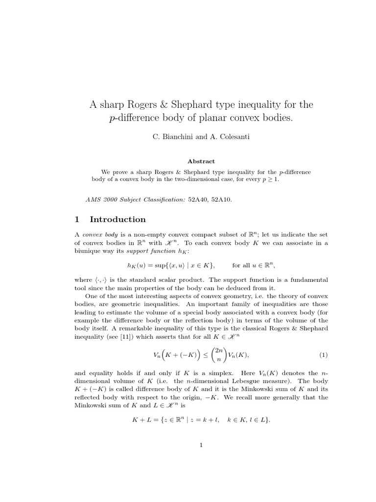 A Sharp Rogers & Shephard Type Inequality For The P - Difference Body ...