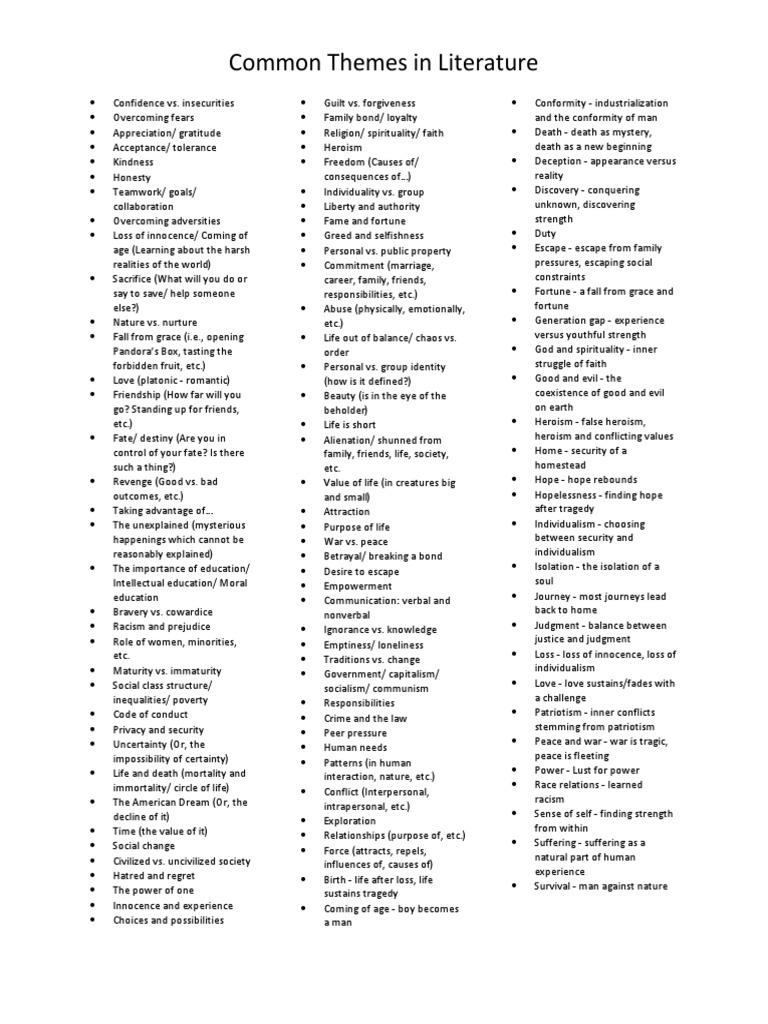 Common Themes in Literature | PDF | Friendship | Good And Evil
