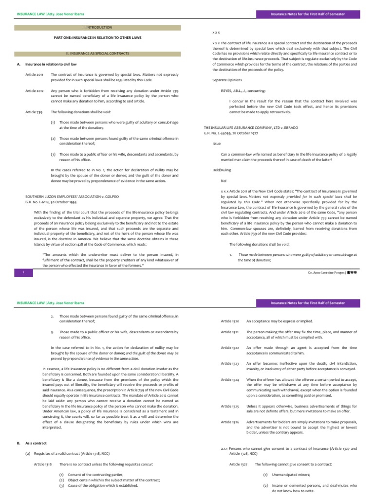 Insurance Notes - FEU - IL (LLB) | PDF | Offer And Acceptance | Insurance