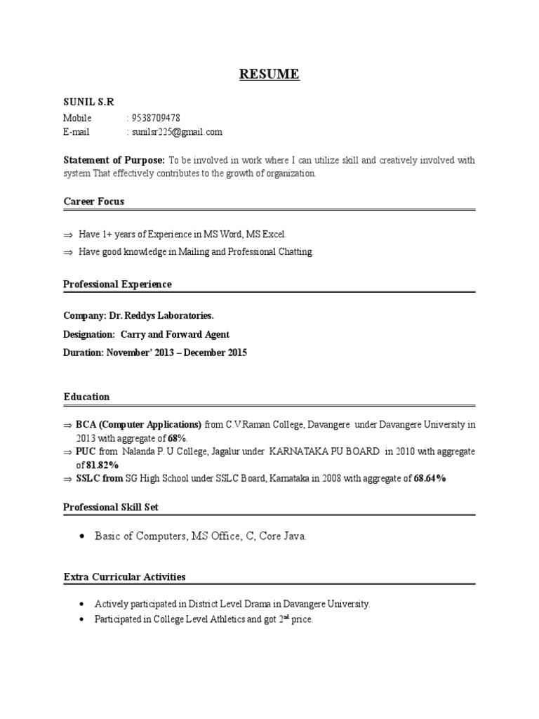 Sunil 1+years Resume | PDF | Career & Growth | Business