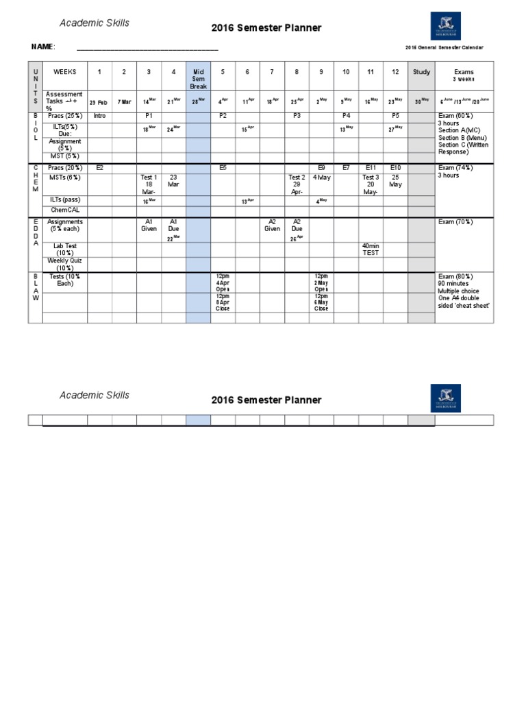2016 Semester 1 BMED Planner | PDF