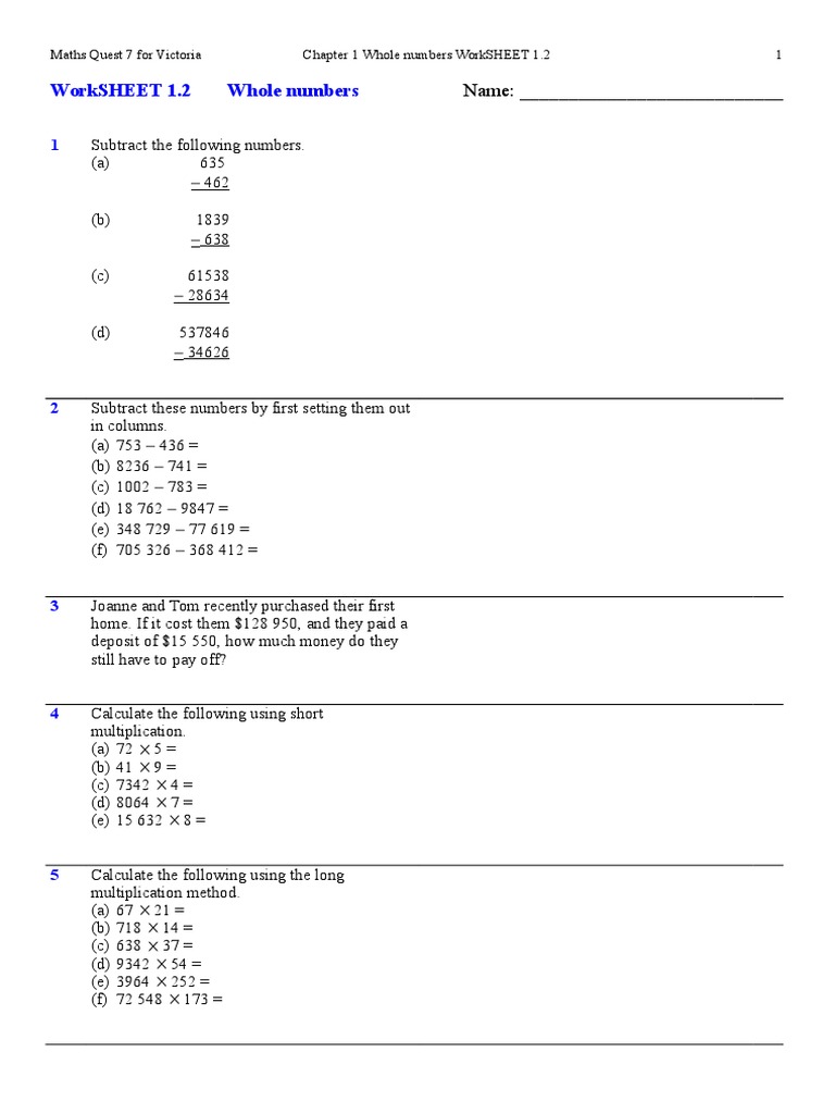 Whole Numbers Worksheet for Grade 7 | PDF
