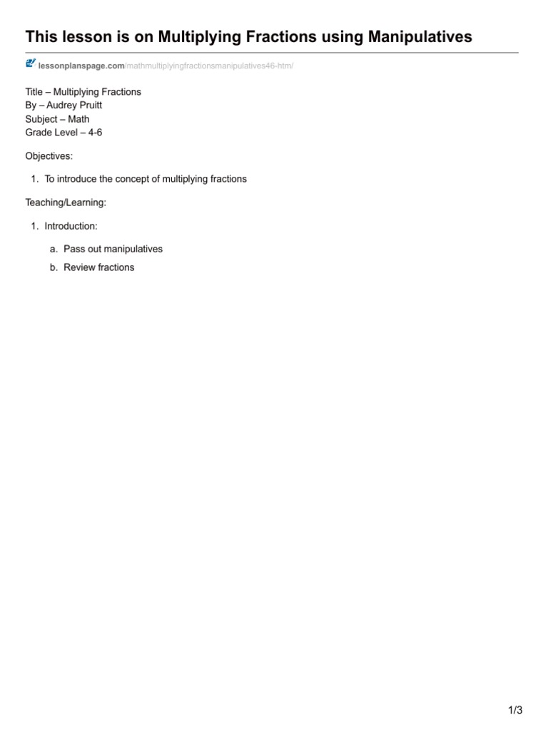 This Lesson Is On Multiplying Fractions Using Manipulatives | PDF