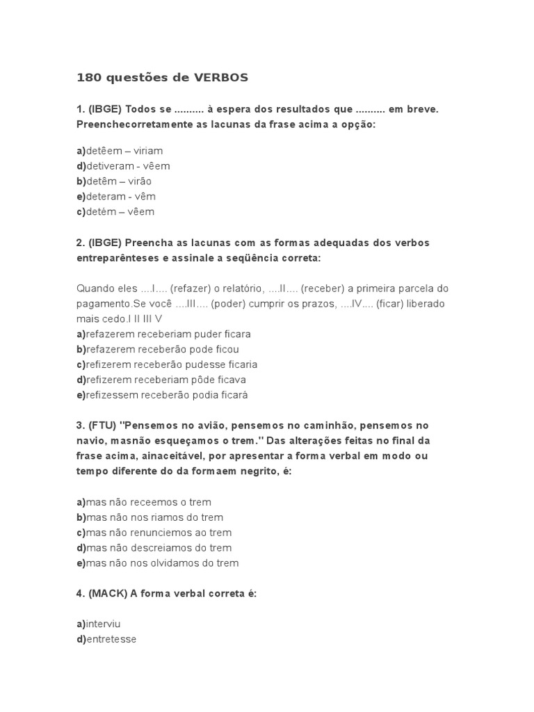 180 Questões de VERBOS - Exercícios | PDF | Tempo gramatical | Assunto ...