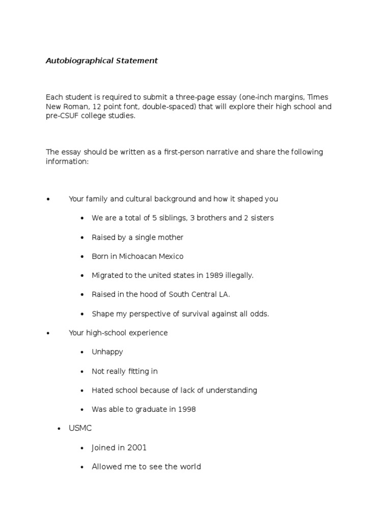 Autobiographical Statement Outline | PDF