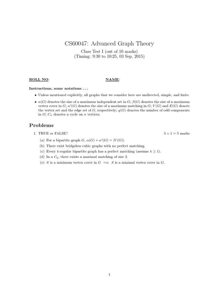 CS60047: Advanced Graph Theory: Problems | PDF