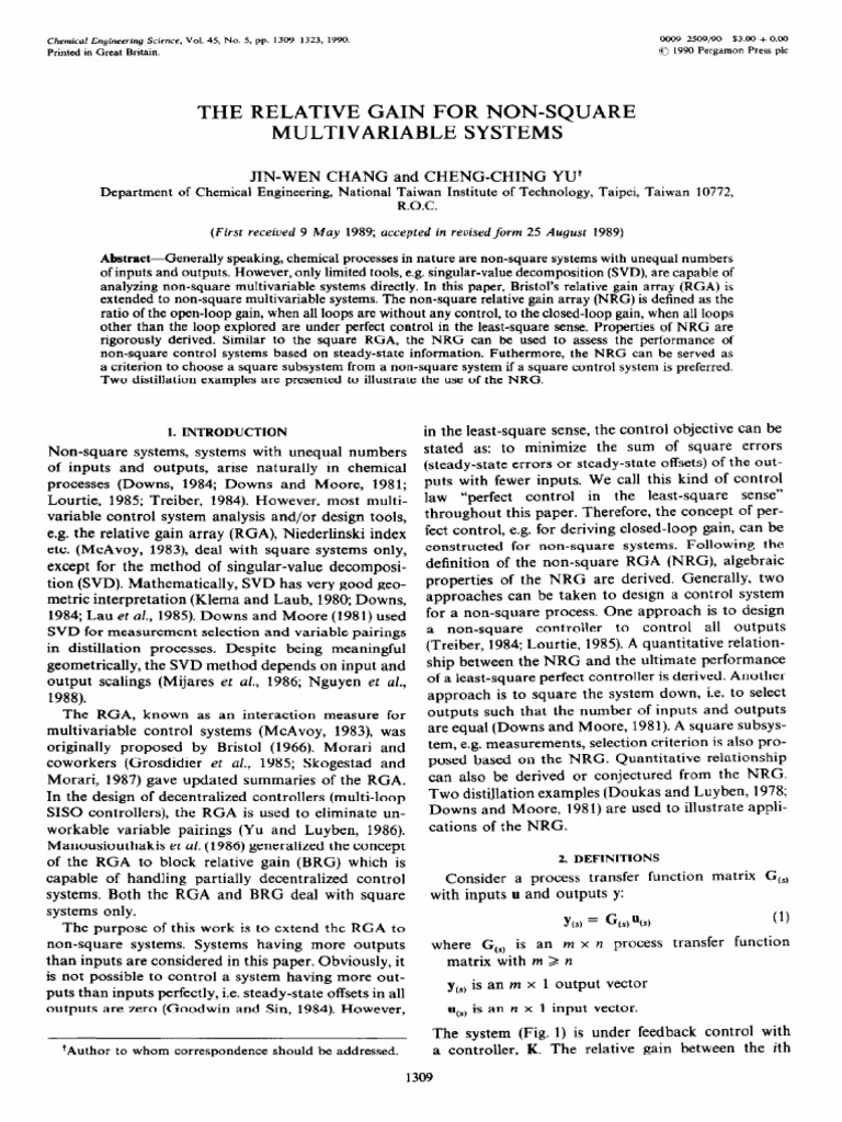 The Relative Gain For Non-Square Multivariable Systems | PDF | Matrix (Mathematics) | Control Theory
