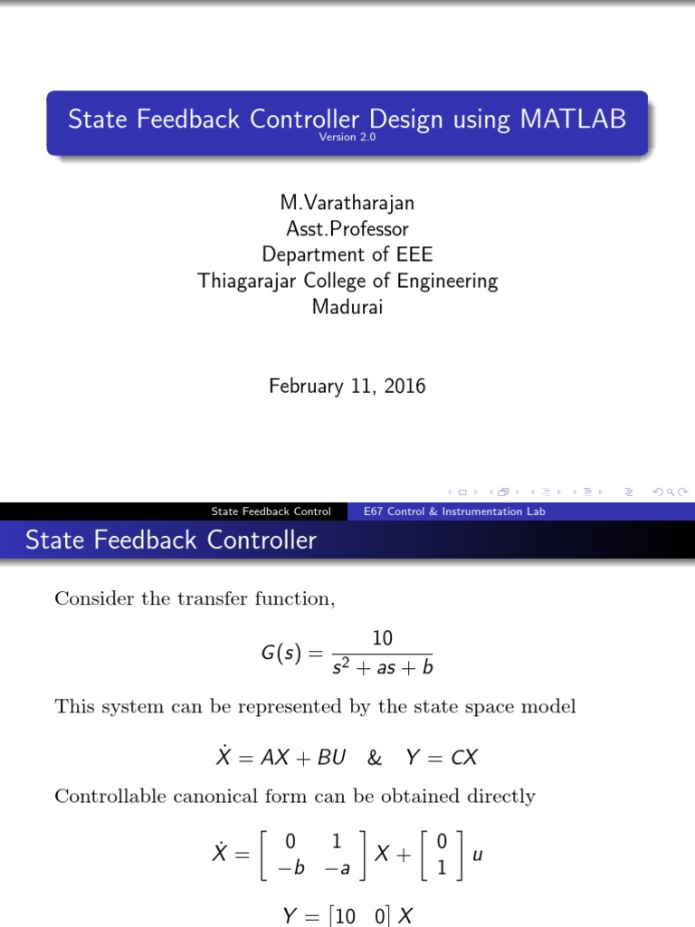 State Feedback Controller Design Using MATLAB | PDF | Control Theory | Systems Theory