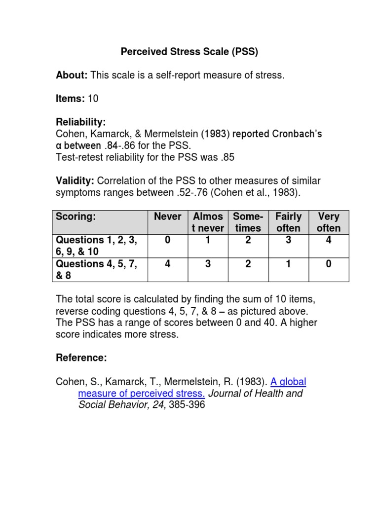 Measure Perceived Stress 10-Item Scale (PSS-10 | PDF