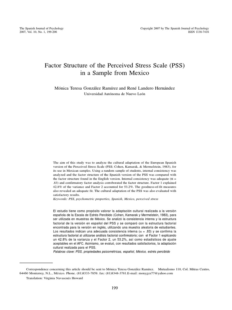 Factor Structure of The Perceived Stress Scale (PSS) in A Sample From ...