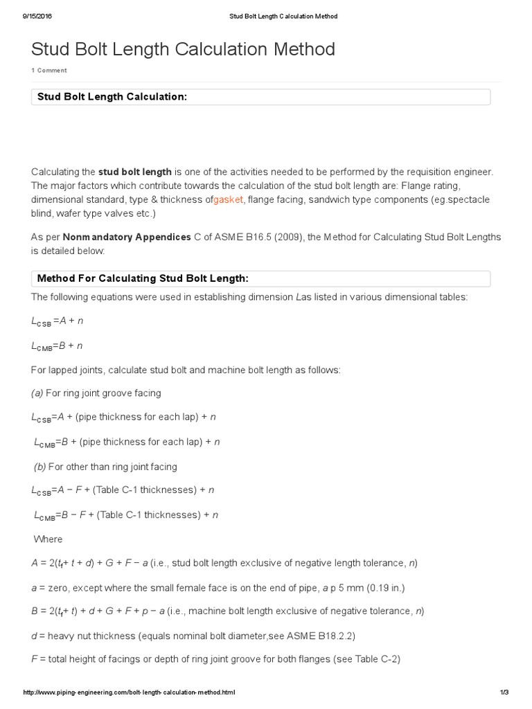 Stud Bolt Length Calculation Guide | PDF | Screw | Mechanical Engineering