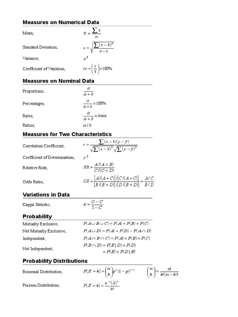 Handouts - Formulas | PDF | Coefficient Of Variation | Statistical Analysis