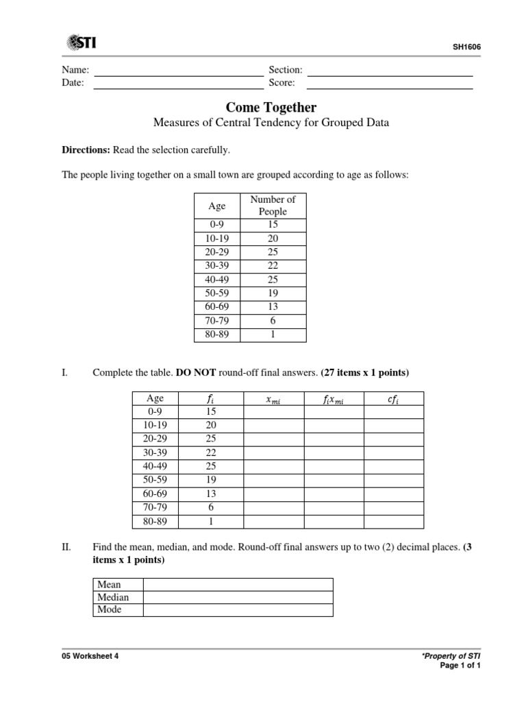Come Together: Measures of Central Tendency For Grouped Data | PDF
