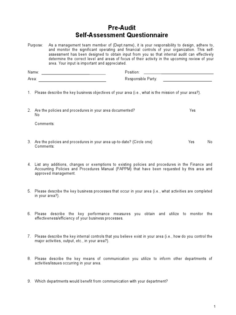 Pre-Audit Self Assessment Questionnaire | PDF | Audit | Business Process