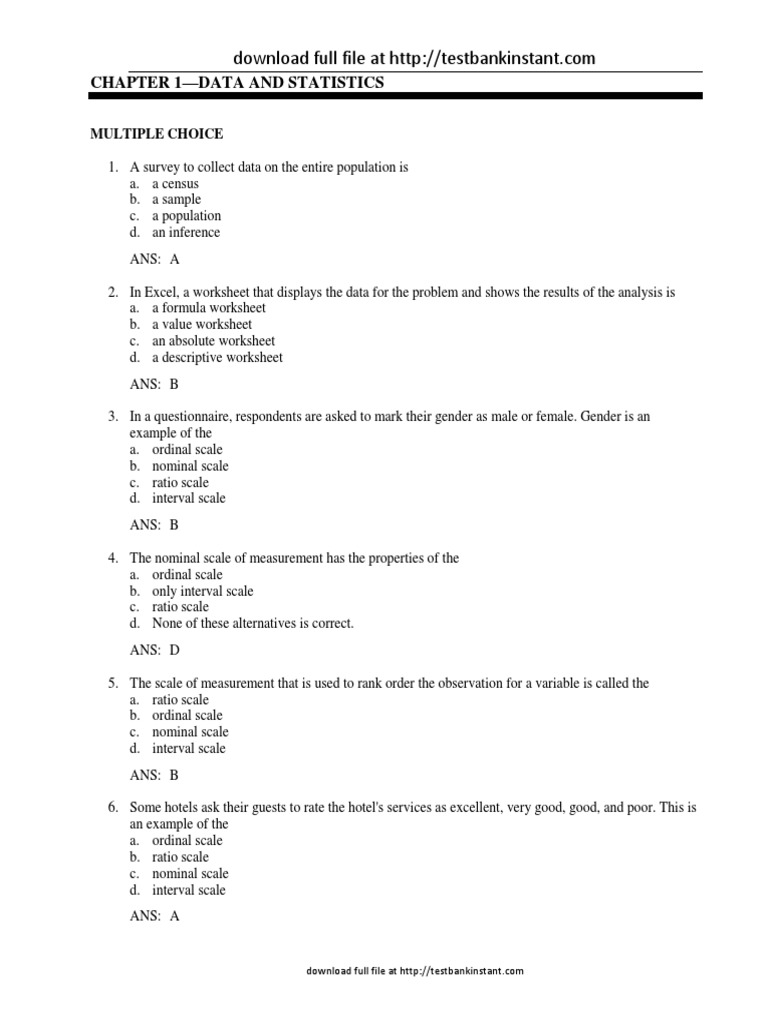 Chapter 1-Data and Statistics: Multiple Choice | PDF | Level Of ...
