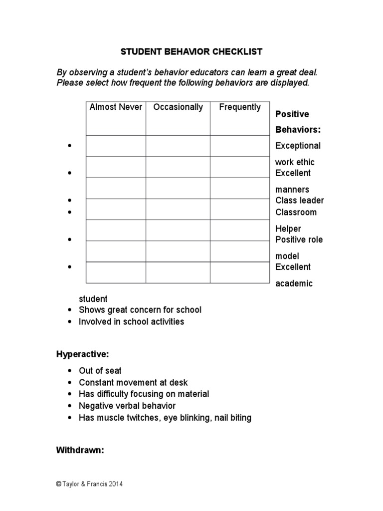 Student Behavior Checklist | PDF