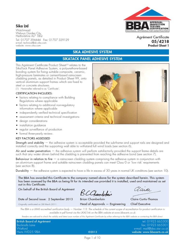 SikaTack Panel System - Sheet 1 Cert 05 - 4218 | PDF | Adhesive ...