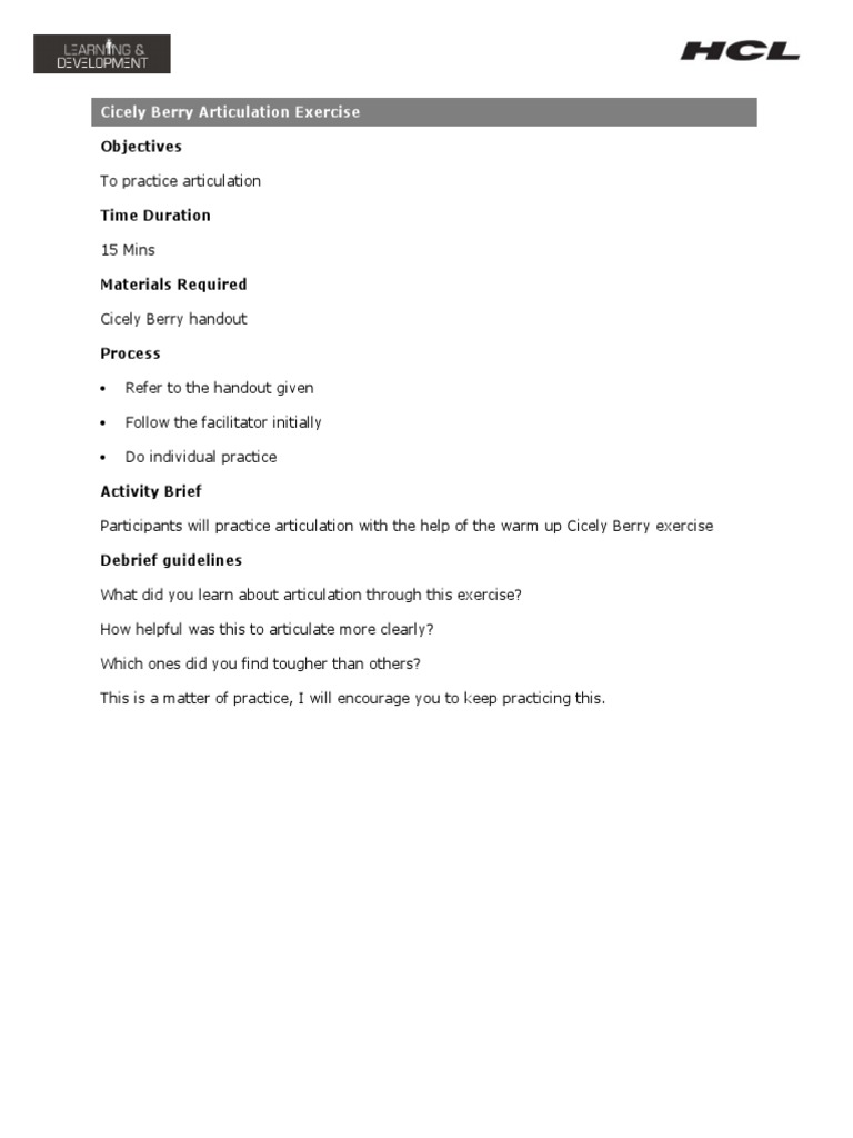 Cicely Berry Articulation Exercise Guide | PDF | Self-Improvement ...
