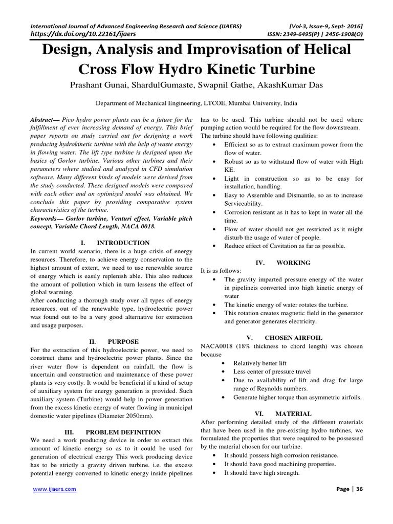 Design, Analysis and Improvisation of Helical Cross Flow Hydro Kinetic Turbine PDF | PDF ...