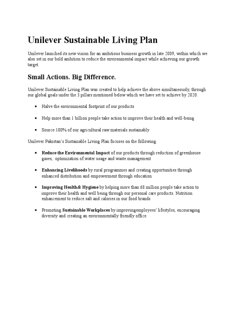 Unilever Sustainable Living Plan Overview | PDF | Social Science | Wellness