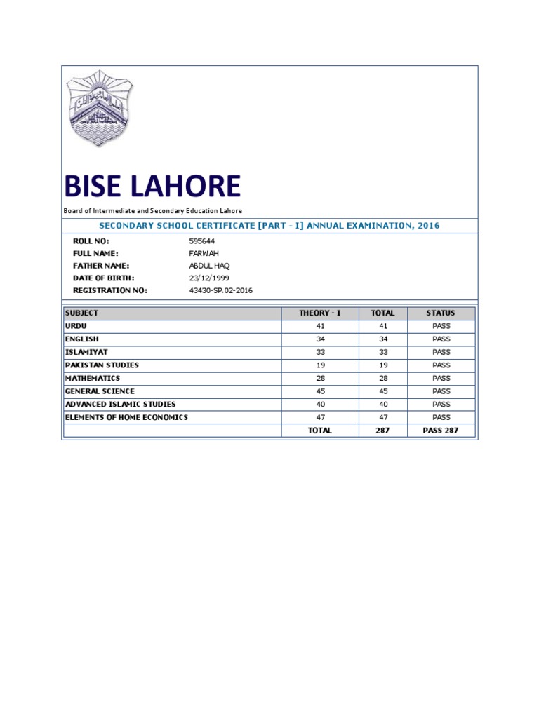 Bise Lahore: Board of Intermediate and Secondary Education Lahore | PDF ...