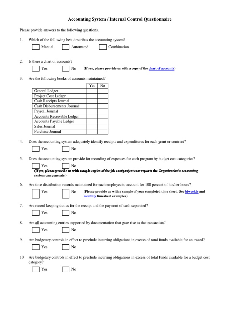 Accounting System / Internal Control Questionnaire: Chart of Accounts ...