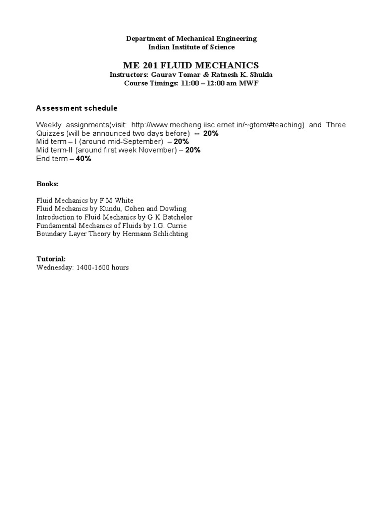 Me 201 Fluid Mechanics: Department of Mechanical Engineering Indian ...