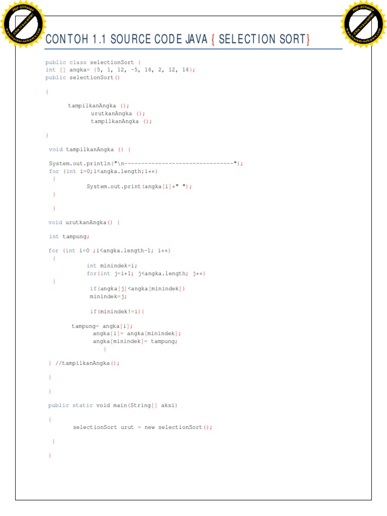 Contoh 1.1 Source Code Java Selection Sort: Public Class Int Public | PDF