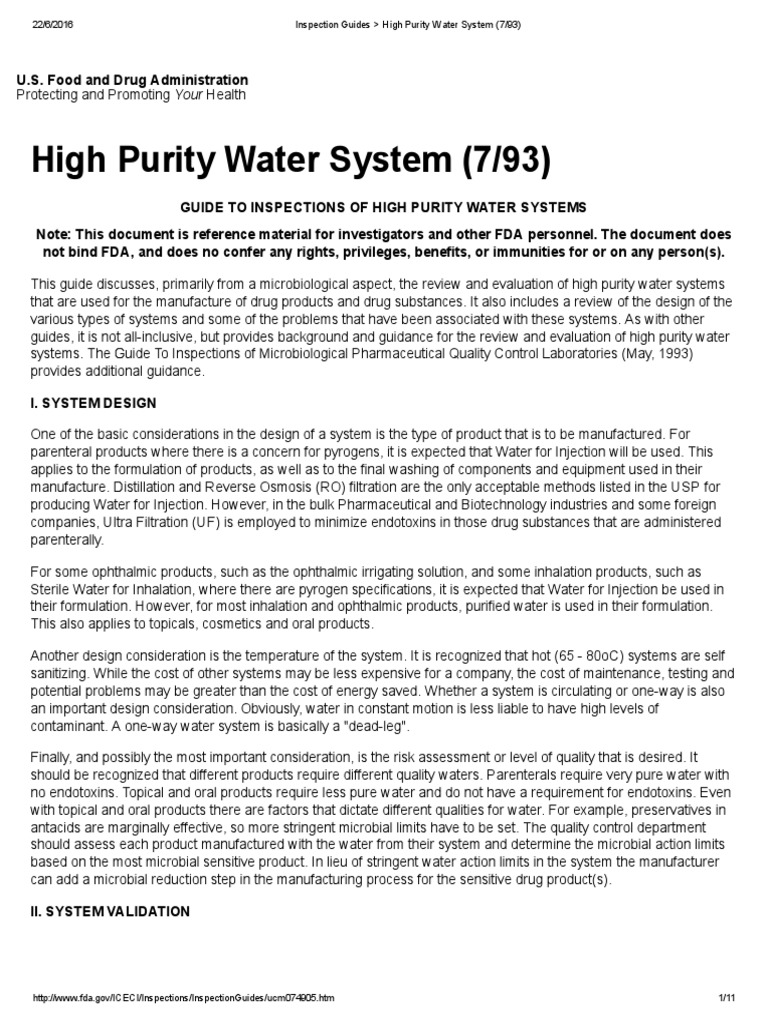 FDA Guide: High Purity Water Systems | PDF | Water Purification ...
