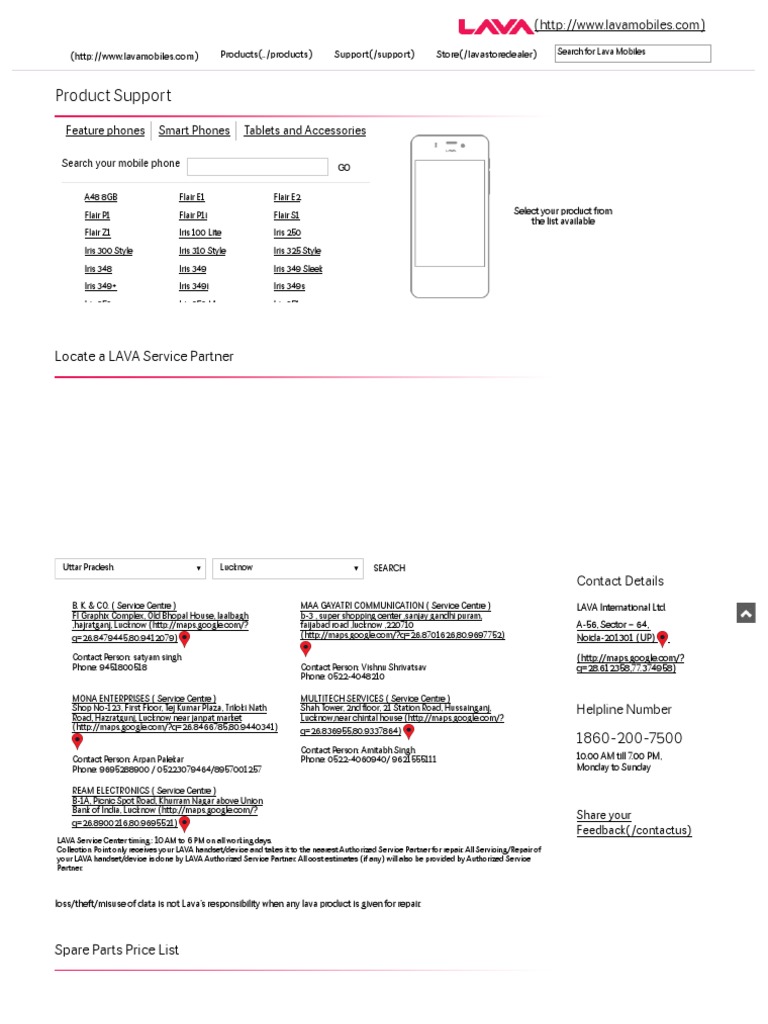 Lava Service Centre List in India - Spare Parts Price List - Lava ...