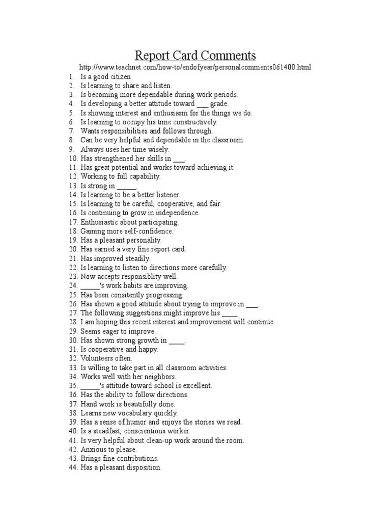 Assessment-Report Card Comments | PDF | Homework | Reading (Process)