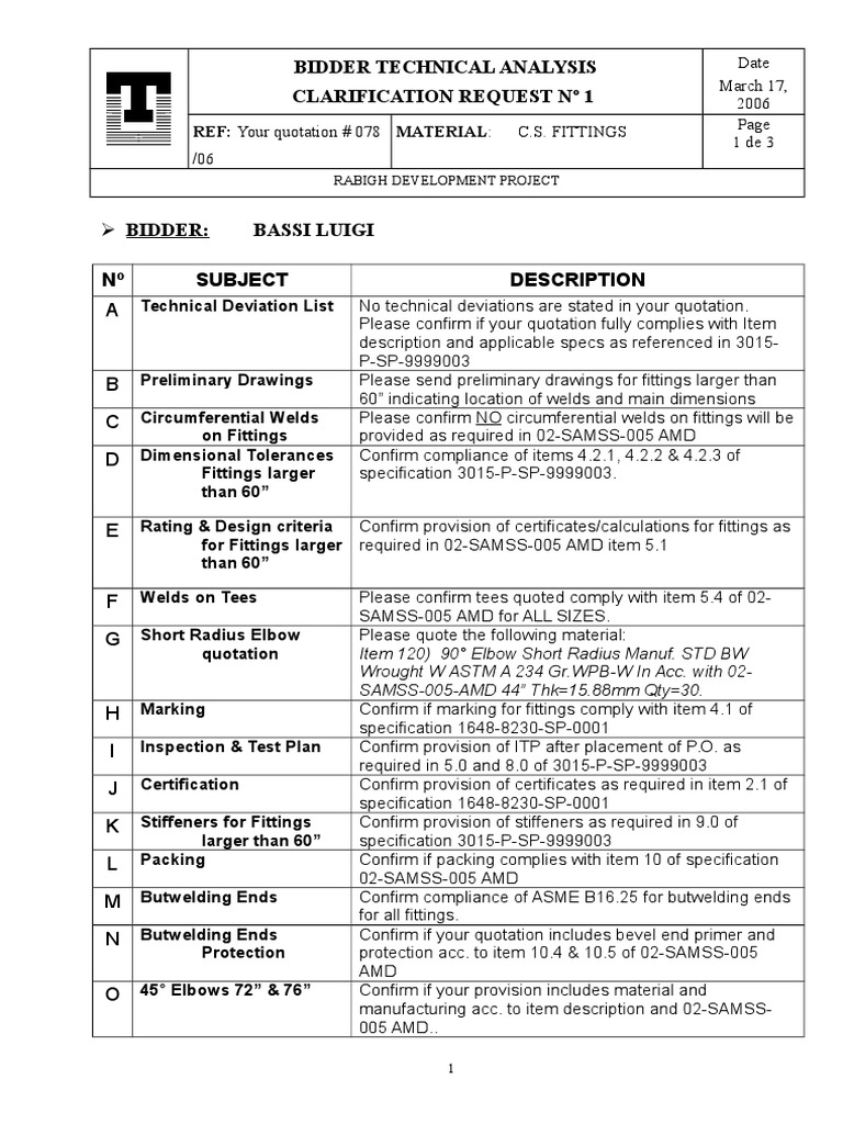 Bidder Technical Analysis Clarification Request #1: Rabigh Development ...