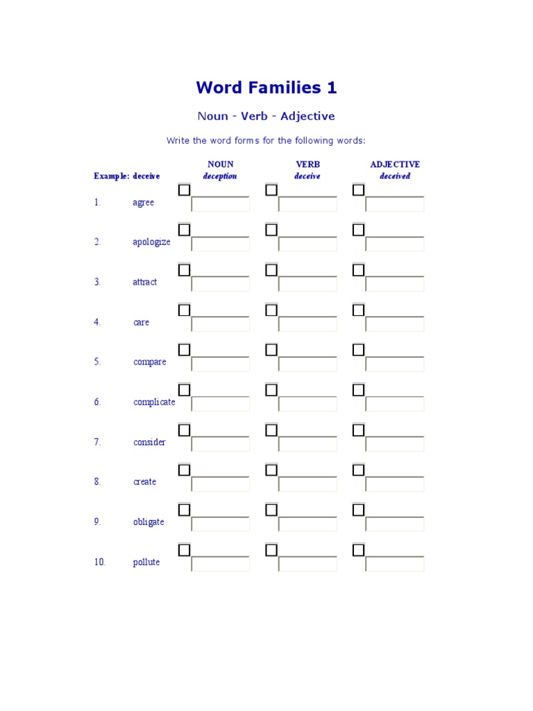 Word Families 1: Noun - Verb - Adjective | PDF