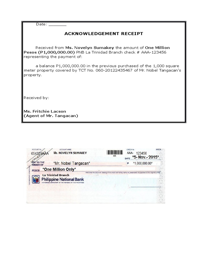 Acknowledgement Receipt: Pesos (P1,000,000.00) PNB La Trinidad Branch ...