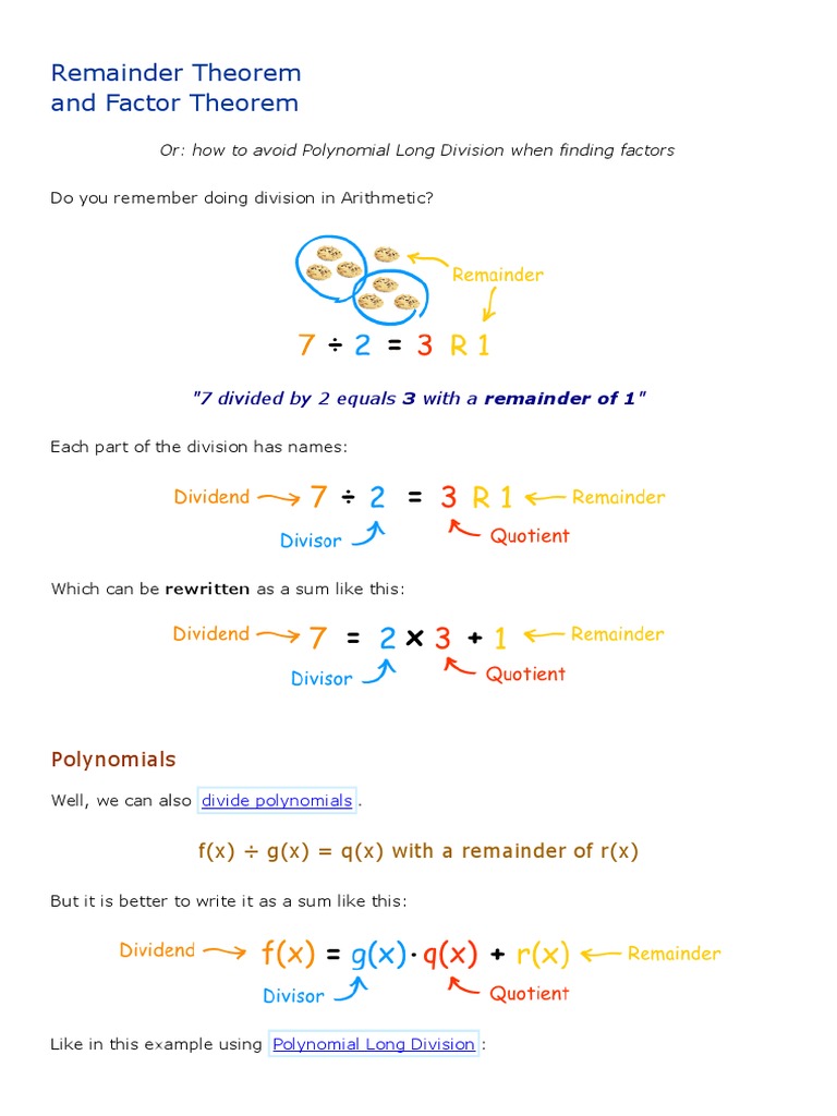 Remainder Theorem and Factor Theorem: Or: How To Avoid Polynomial Long ...