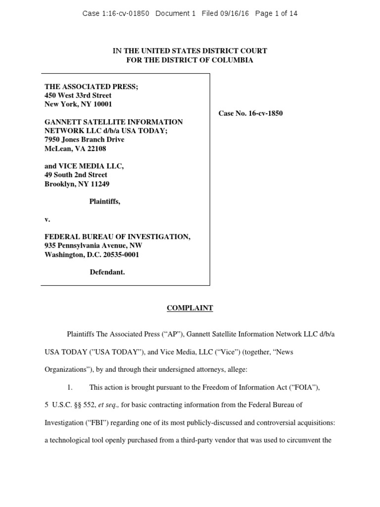 AP Vice Gannett V FBI Complaint | PDF | Freedom Of Information Act ...