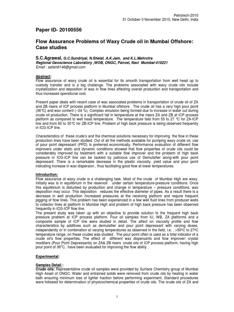Flow Assurance Problems of Waxy Crude Oil in Mumbai Offshore - Case ...