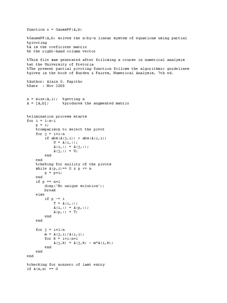 Gaussian Elimination Matlab | PDF | Teaching Methods & Materials
