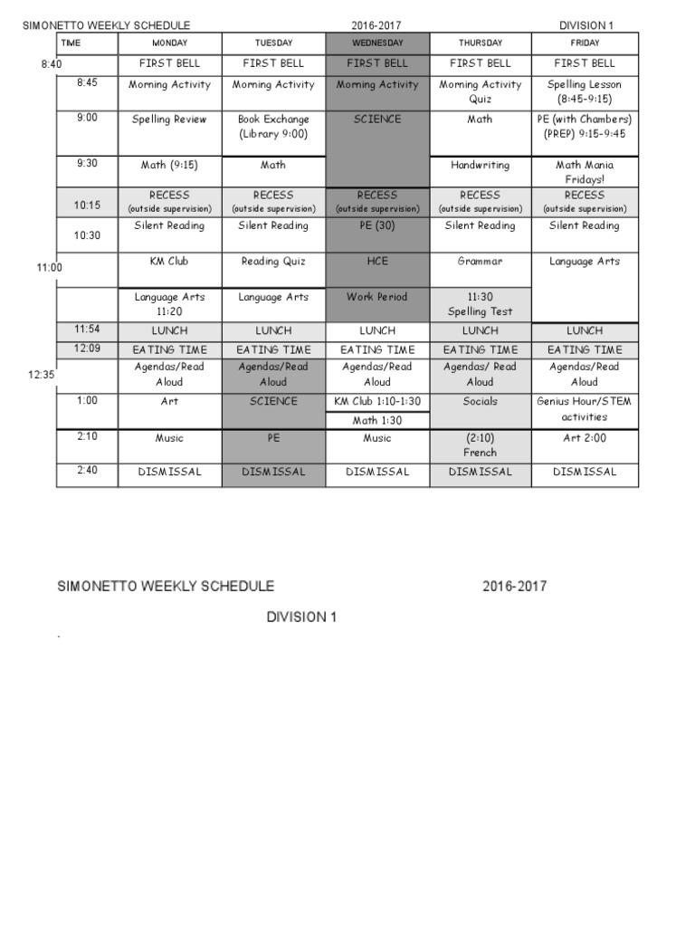 Simonetto School Schedule 2016-17 | PDF