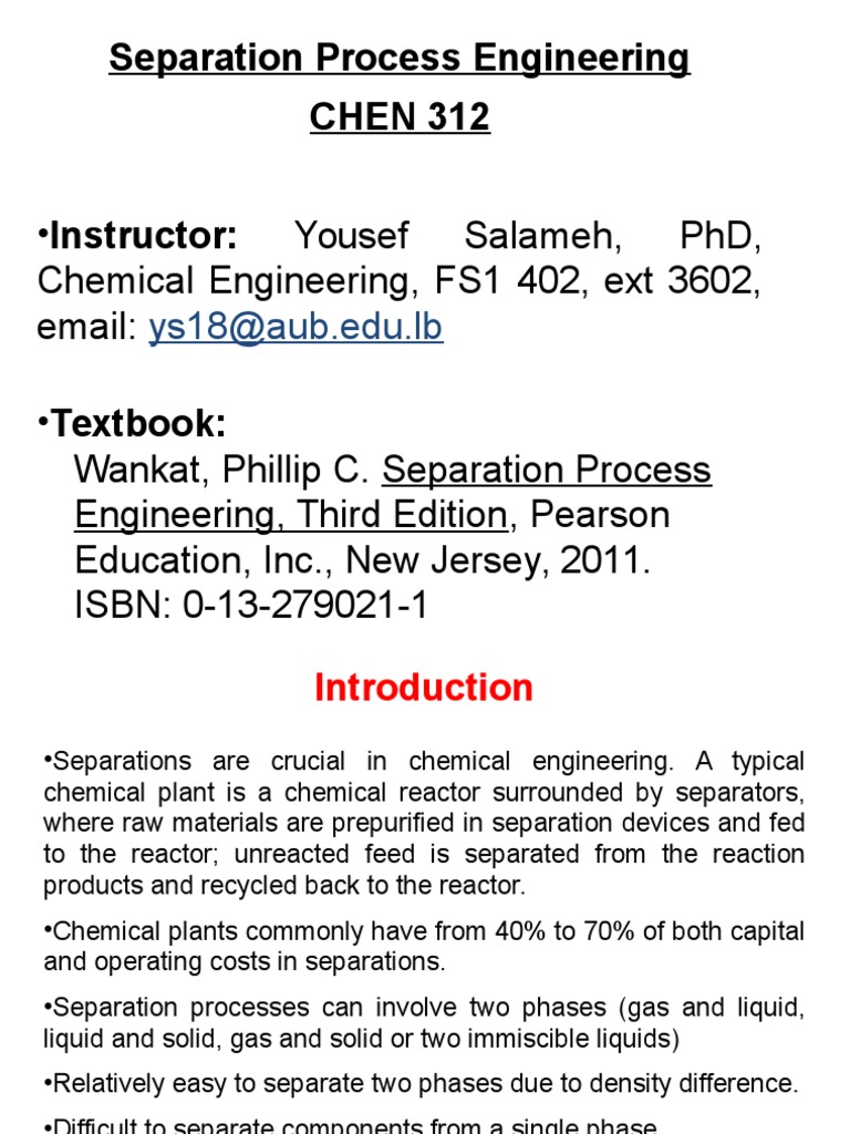 Separation Process Engineering CHEN 312: Ys18@aub - Edu.lb | PDF ...