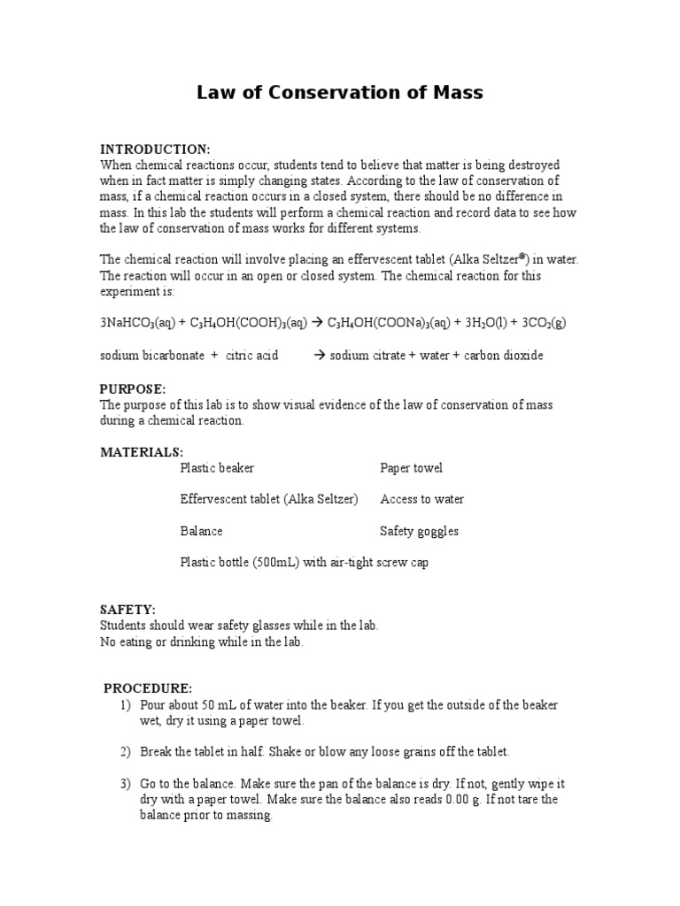 Law of Conservation Mass - Lab | PDF | Sodium Bicarbonate | Chemical ...